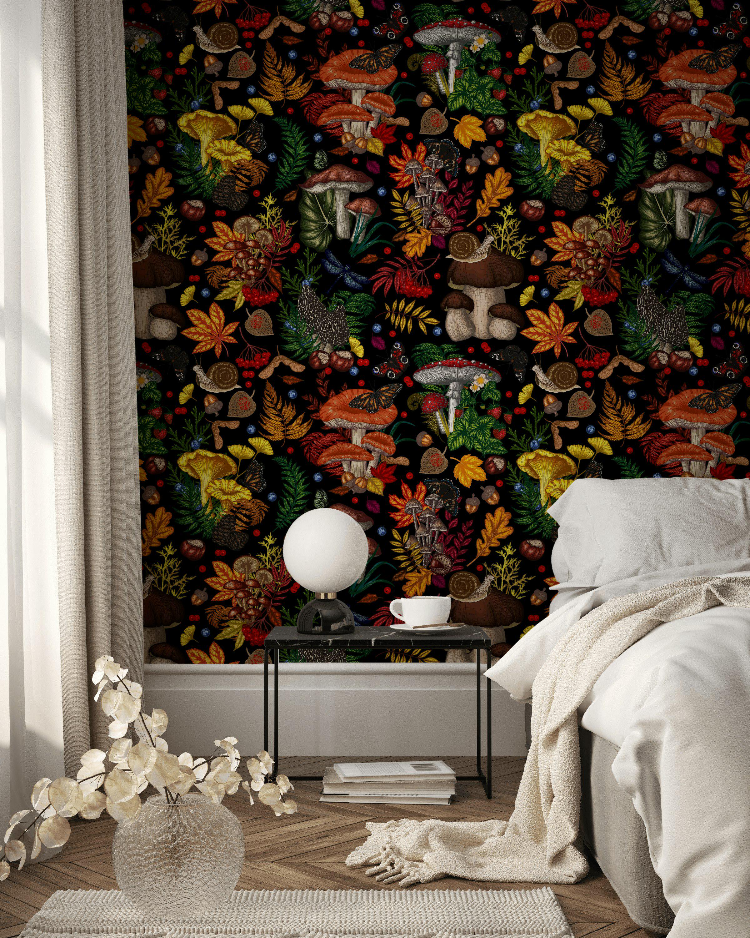 Enchanted Forest Mushroom Wallpaper Dark Botanical Wall Mural Autumn ...