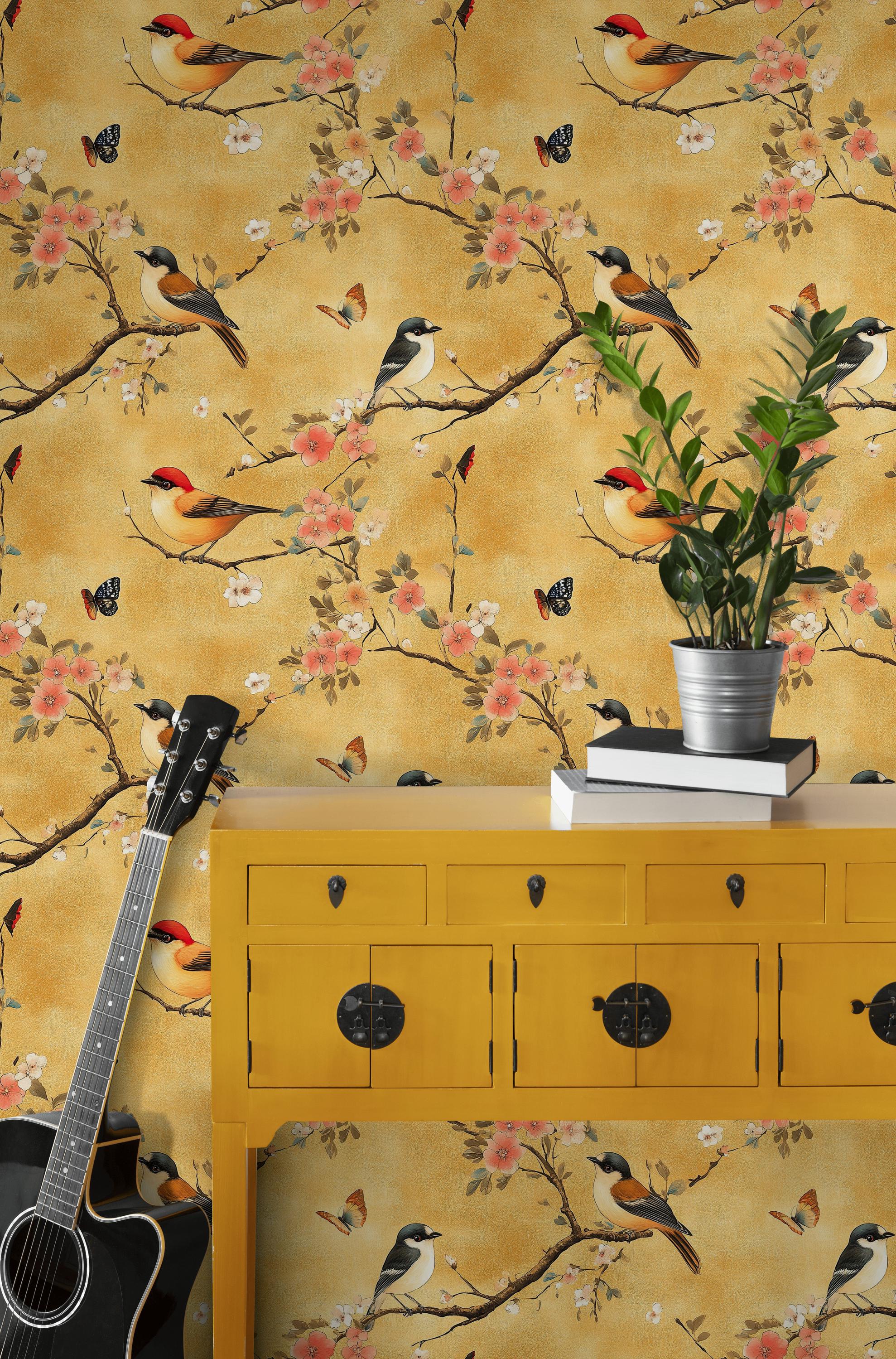 Vintage Bird Cherry Blossom Wallpaper | Golden Yellow Floral Wall Mural ...
