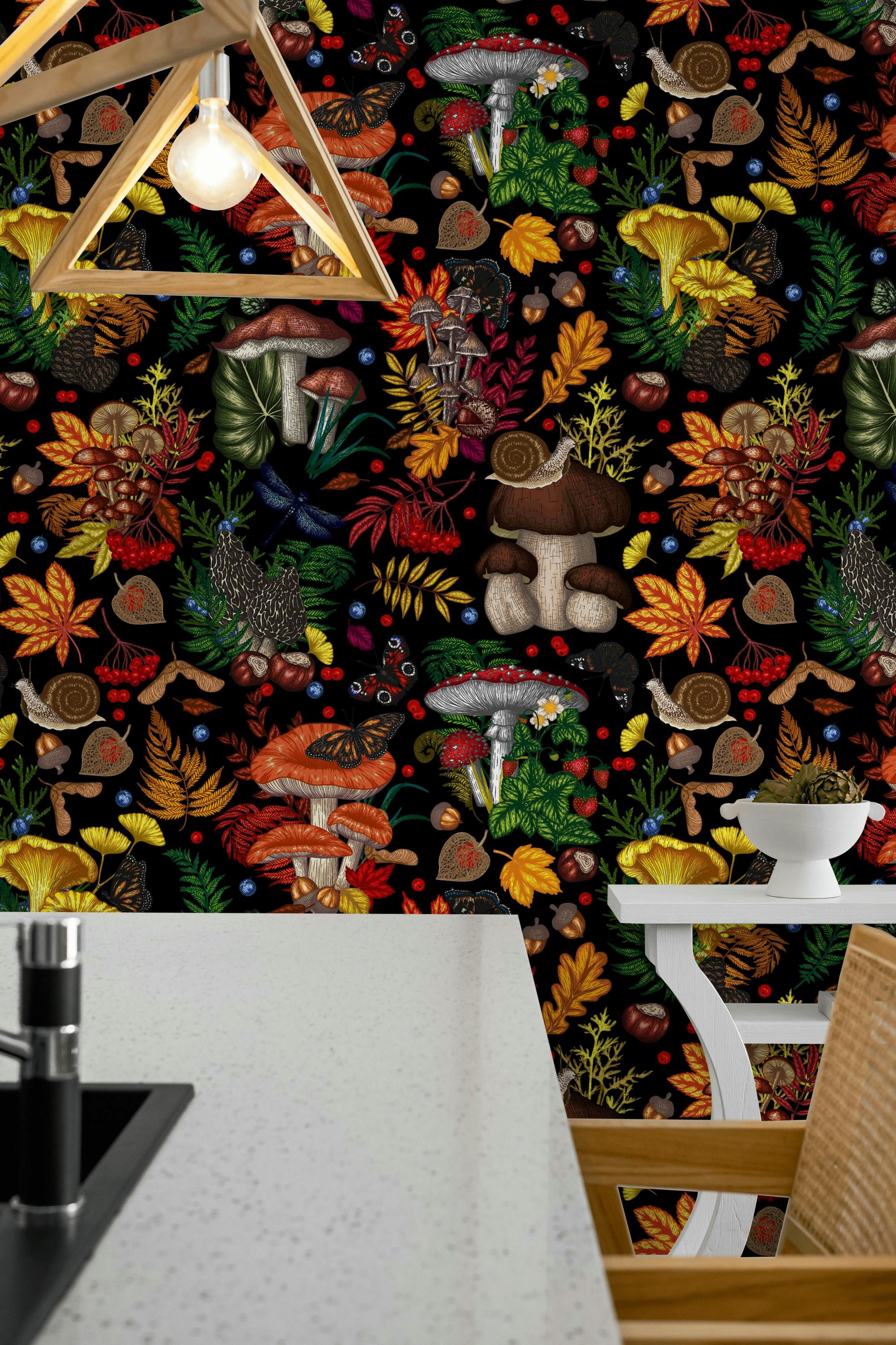 Enchanted Forest Mushroom Wallpaper Dark Botanical Wall Mural Autumn ...