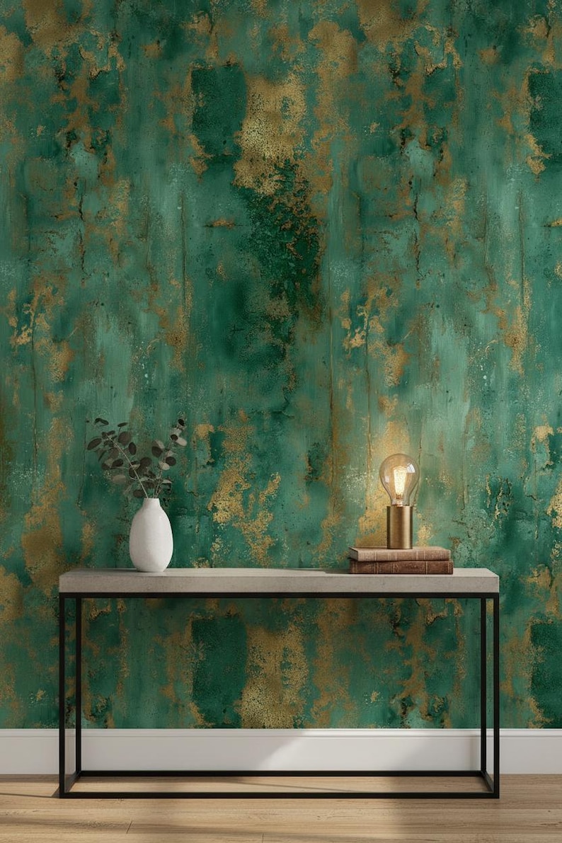 Textured Abstract Wallpaper Green Peel and Stick Gold Decorative Mural ...