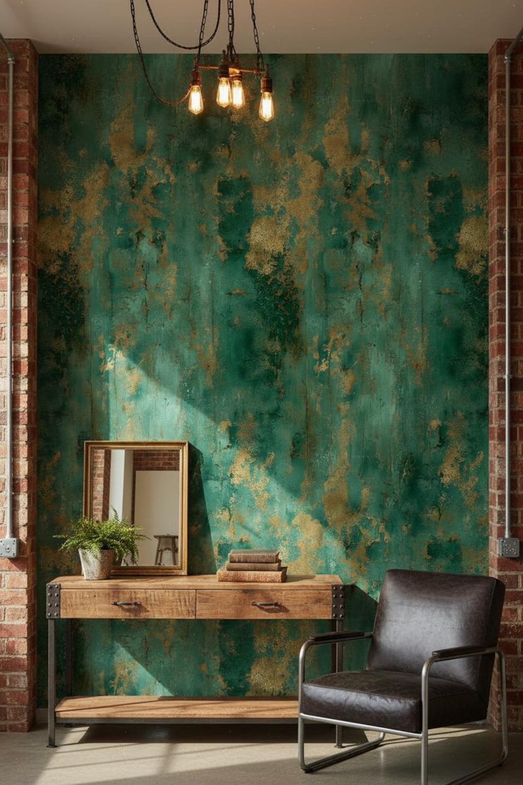 Textured Abstract Wallpaper Green Peel and Stick Gold Decorative Mural ...