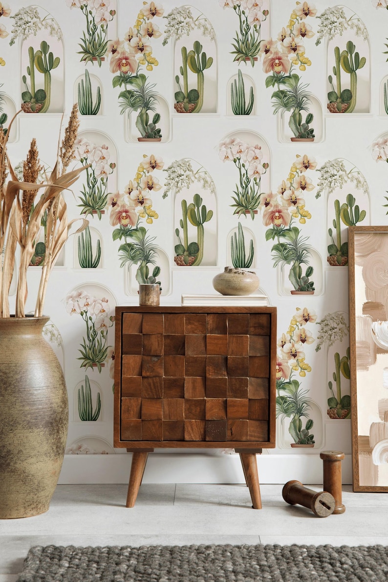 Cactus & Orchid Niche Wallpaper | Modern Desert Garden Decor Wall Mural ...
