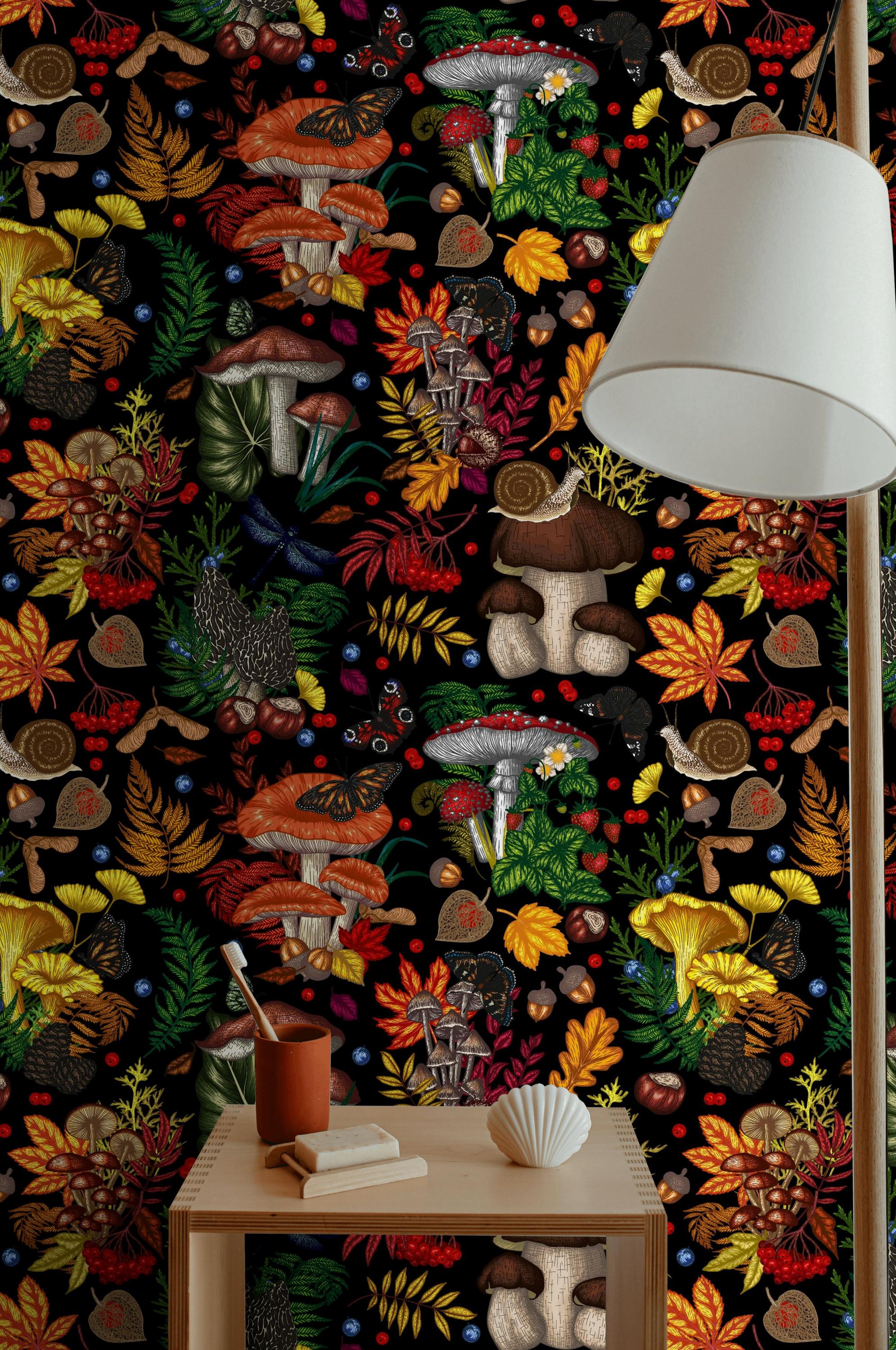 Enchanted Forest Mushroom Wallpaper Dark Botanical Wall Mural Autumn ...