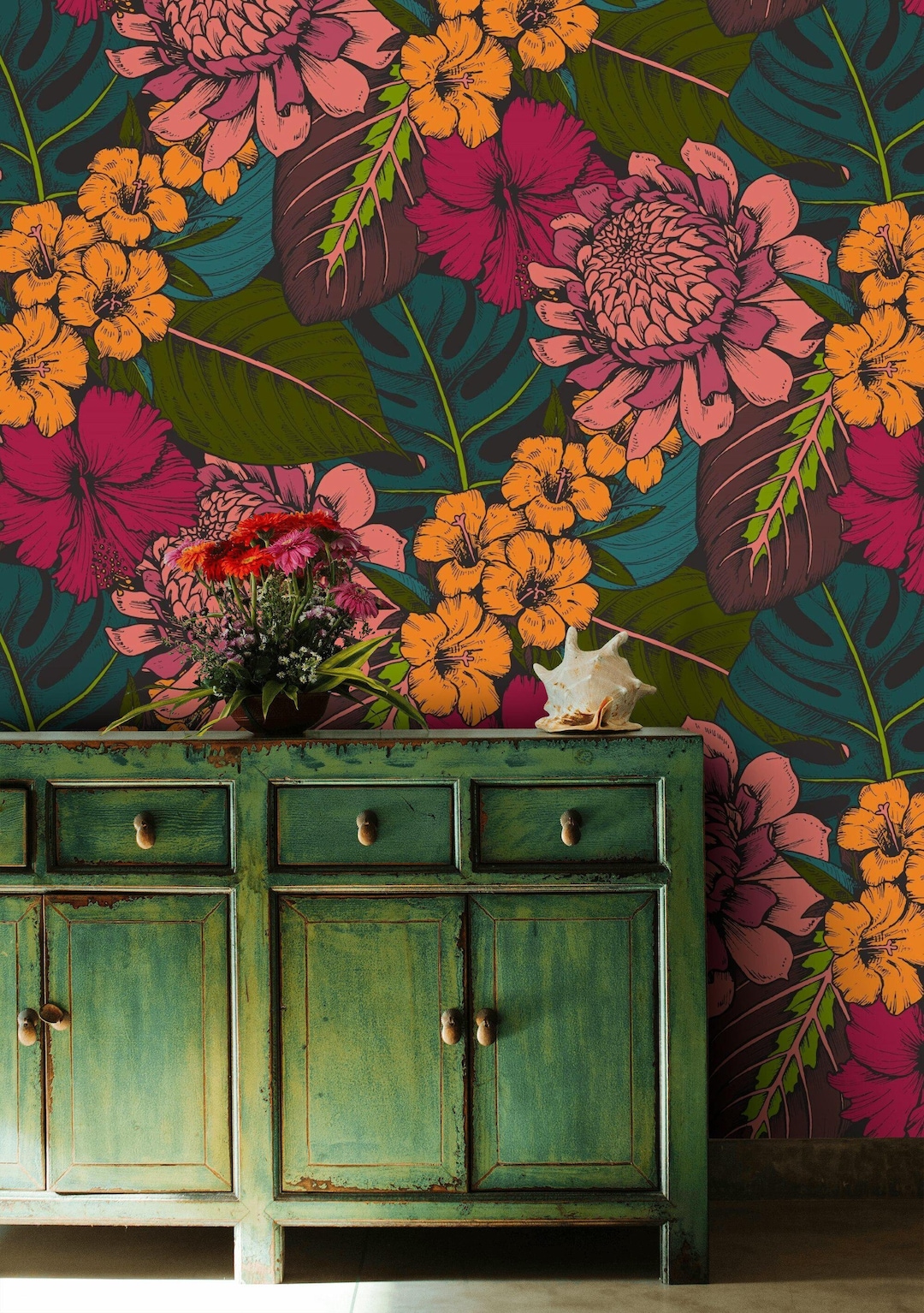 Tropical Flower Wallpaper Bold Botanical Wall Mural Modern Hawaiian ...