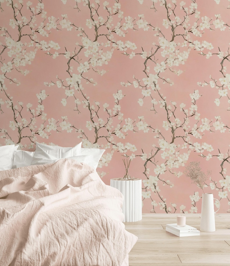 Cherry Blossom Pink Wallpaper Wall Mural | Elegant Floral Wall Mural - Etsy