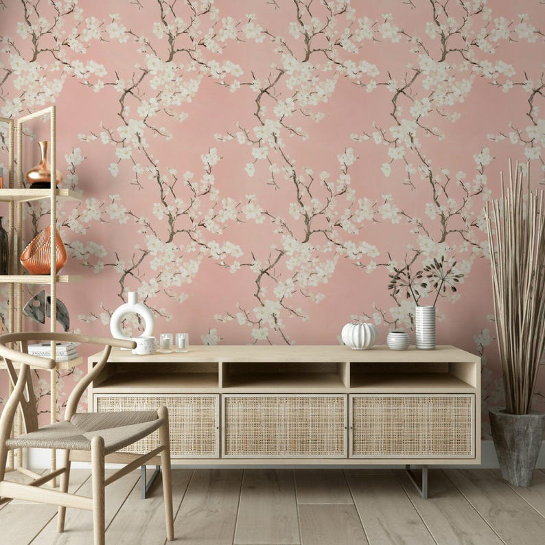 Cherry Blossom Pink Wallpaper Wall Mural | Elegant Floral Wall Mural - Etsy