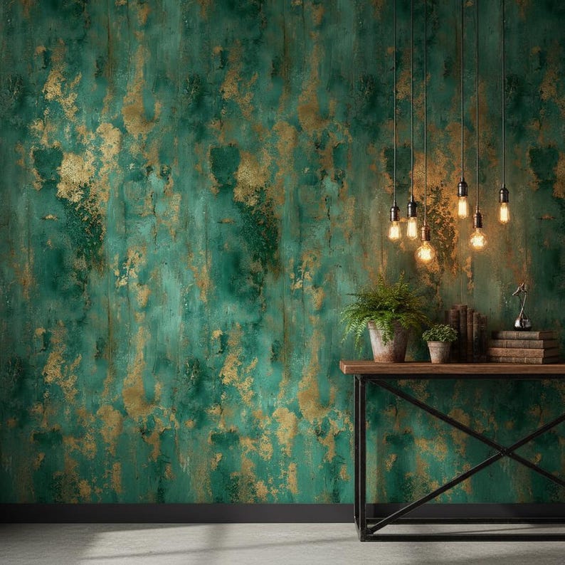 Textured Abstract Wallpaper Green Peel and Stick Gold Decorative Mural ...