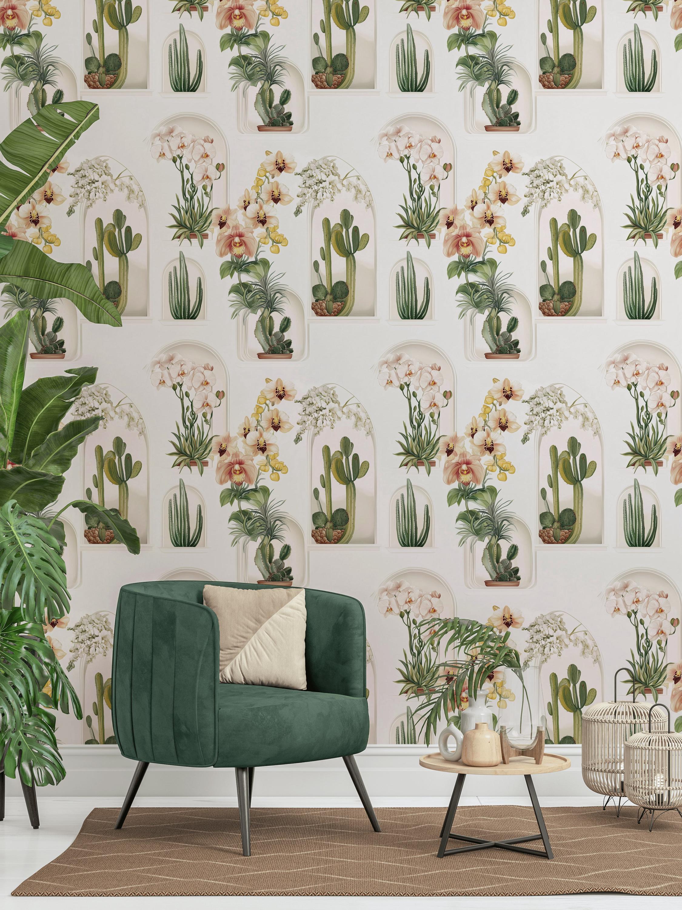 Cactus & Orchid Niche Wallpaper | Modern Desert Garden Decor Wall Mural ...