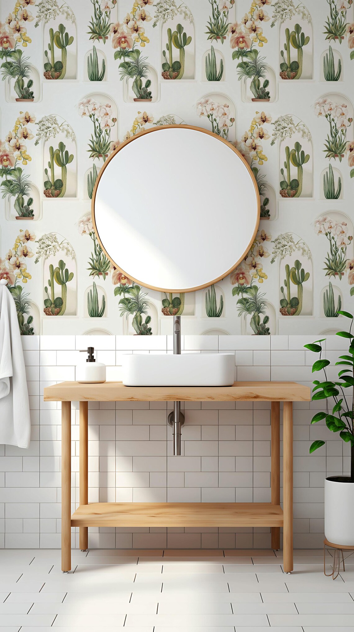 Cactus & Orchid Niche Wallpaper | Modern Desert Garden Decor Wall Mural ...