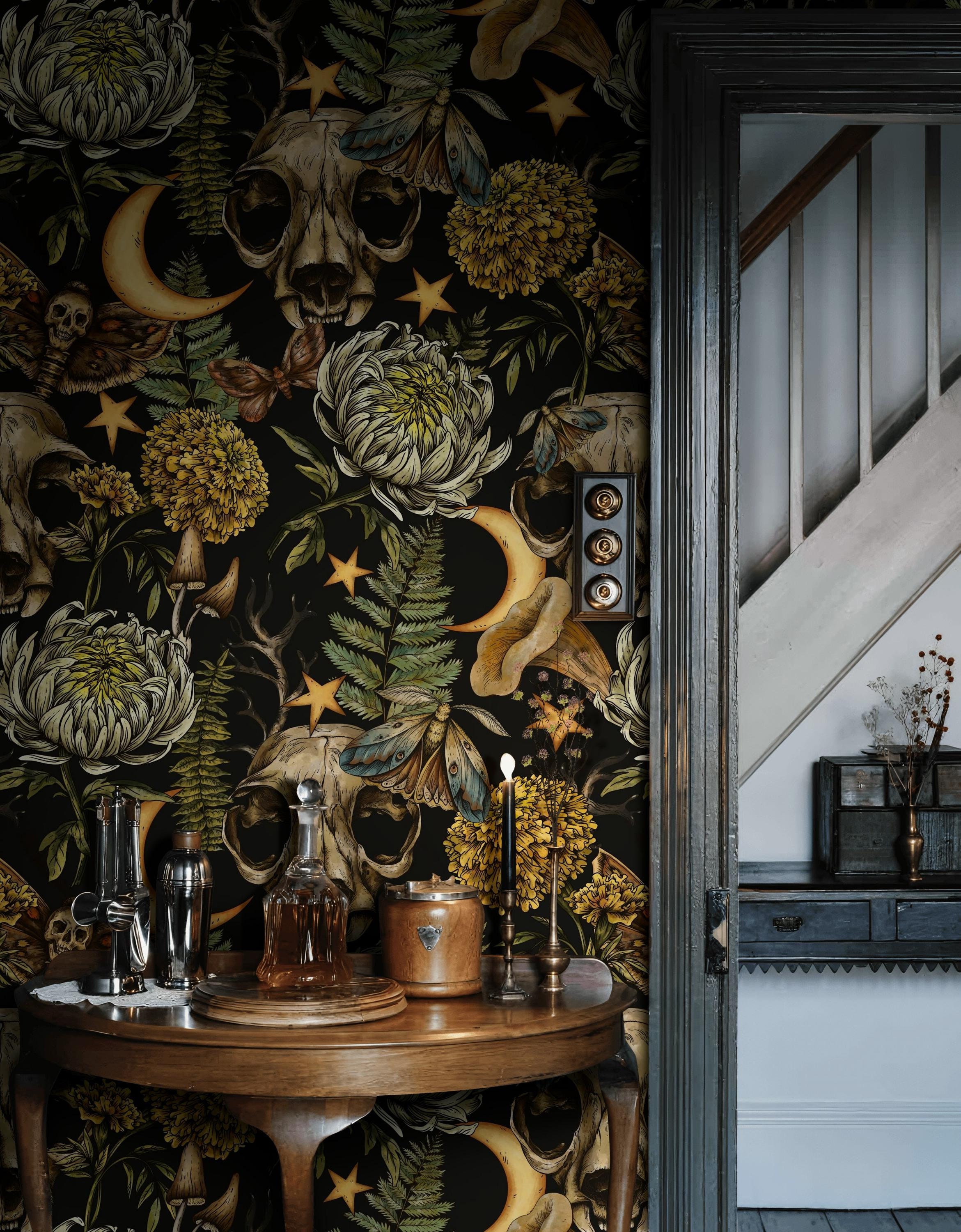 Gothic Dark Floral Wallpaper Dark Victorian Peel and Stick Skulls Wall ...