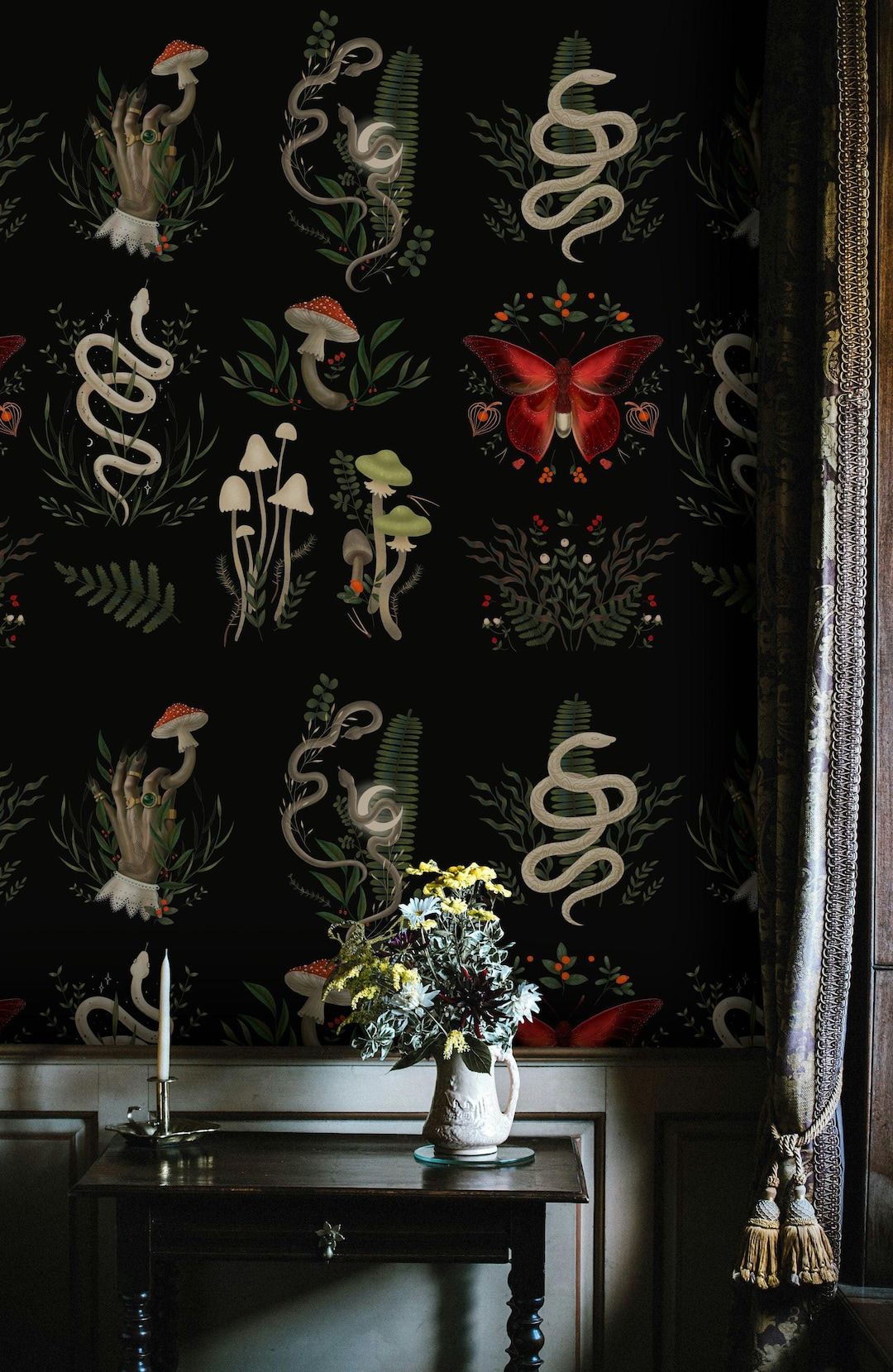 Mystical Snake Wallpaper Gothic Botanical Wall Mural Dark Nature Peel ...