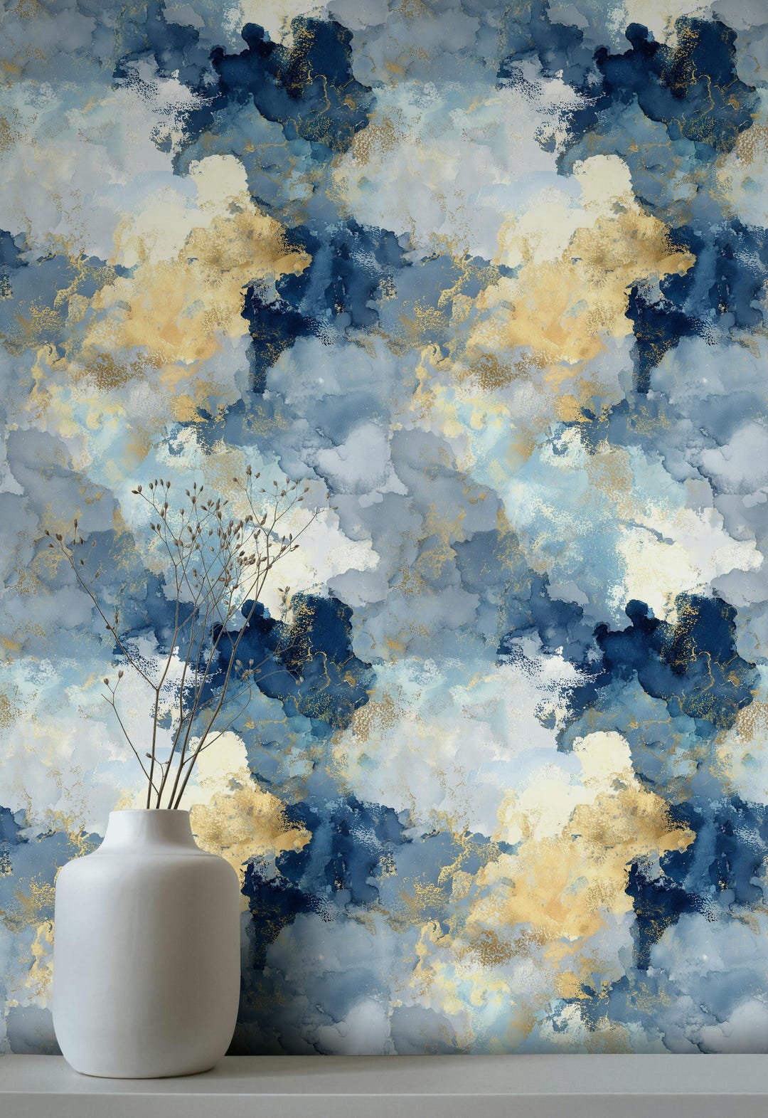 Blue Gold Look Abstract Wallpaper Watercolor Peel and Stick Decorative ...