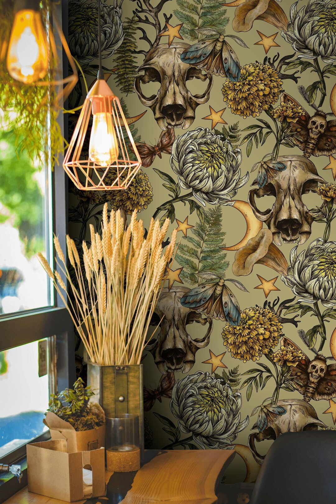 Vintage Gothic Floral Wallpaper Skulls on Sage Wall Mural Celestial ...