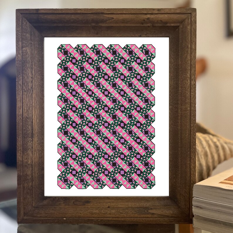 Geometric Basketweave Zentangle Art Print: Pink & Green (digital ...