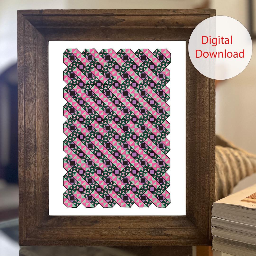 Geometric Basketweave Zentangle Art Print: Pink & Green (digital ...