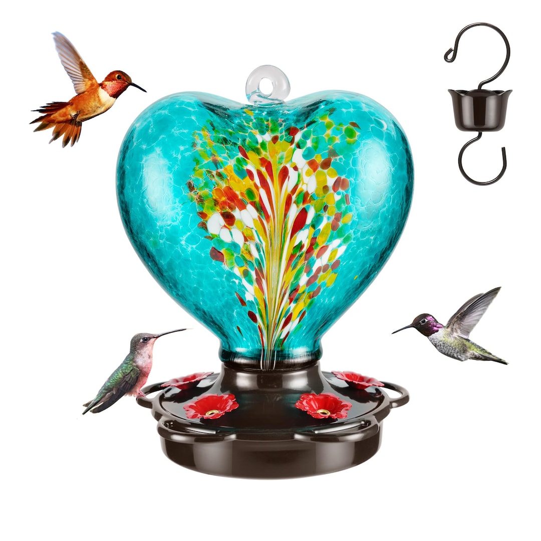 Hand Blown Glass Heart Hummingbird Feeder: Leak-proof, Rustproof, 28 Oz ...