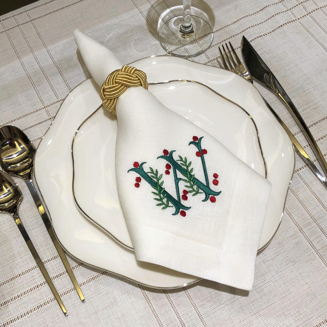 Embroidered Christmas Linen Napkins, Monogrammed Linen Napkins ...