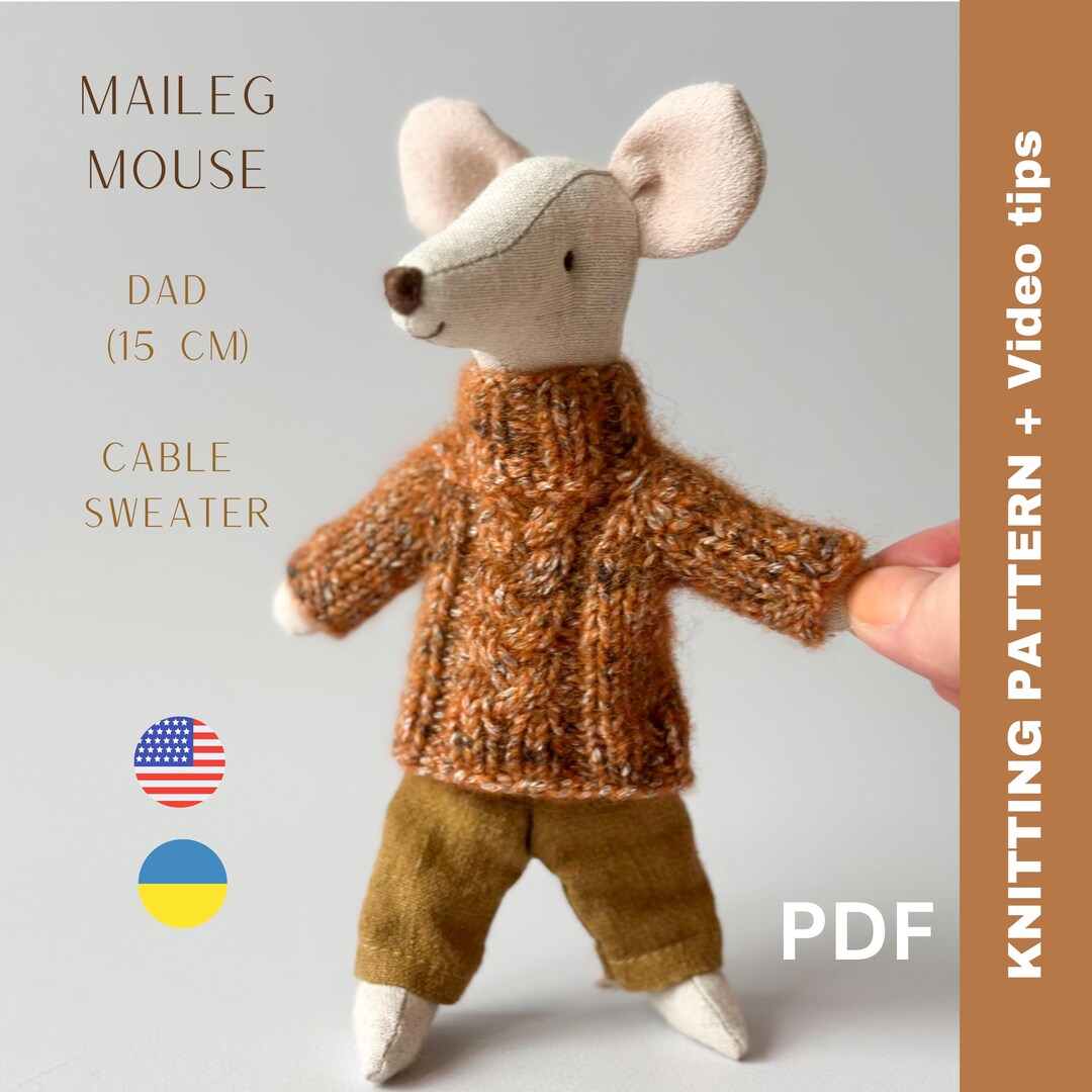 Maileg Mouse Dad Cable Sweater Knitting Pattern (PDF) in English and ...
