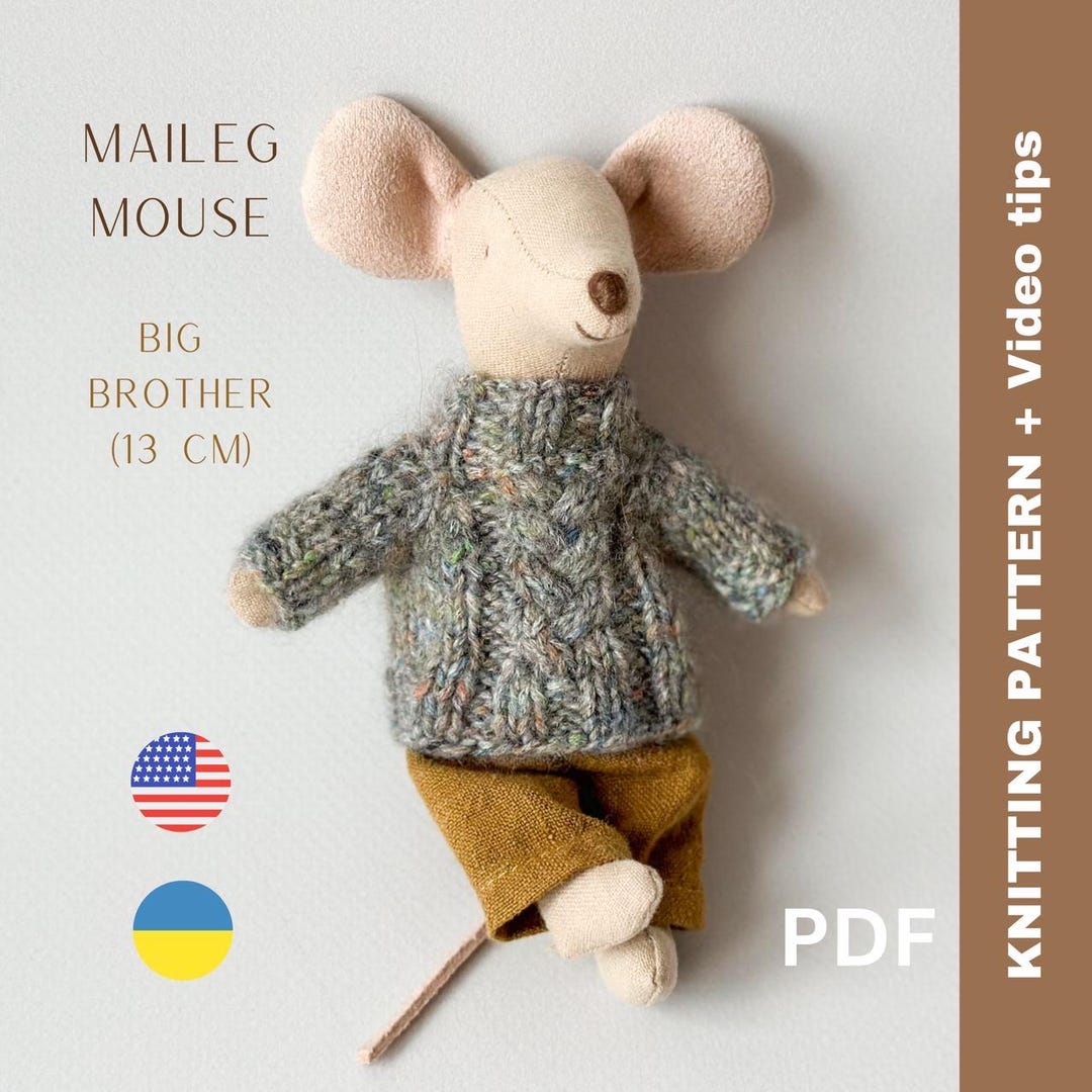 Knitting Pattern Maileg Mouse Big Brother 13 Cm / 5 Inch Tweed Cable Sweater / Cardigan ...