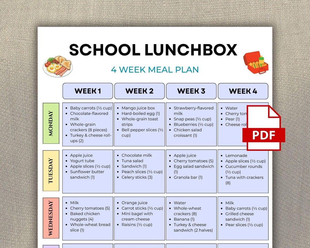 Kids School Lunchbox Meal Plan, Lunch Box Cards, School Lunch Ideas for ...