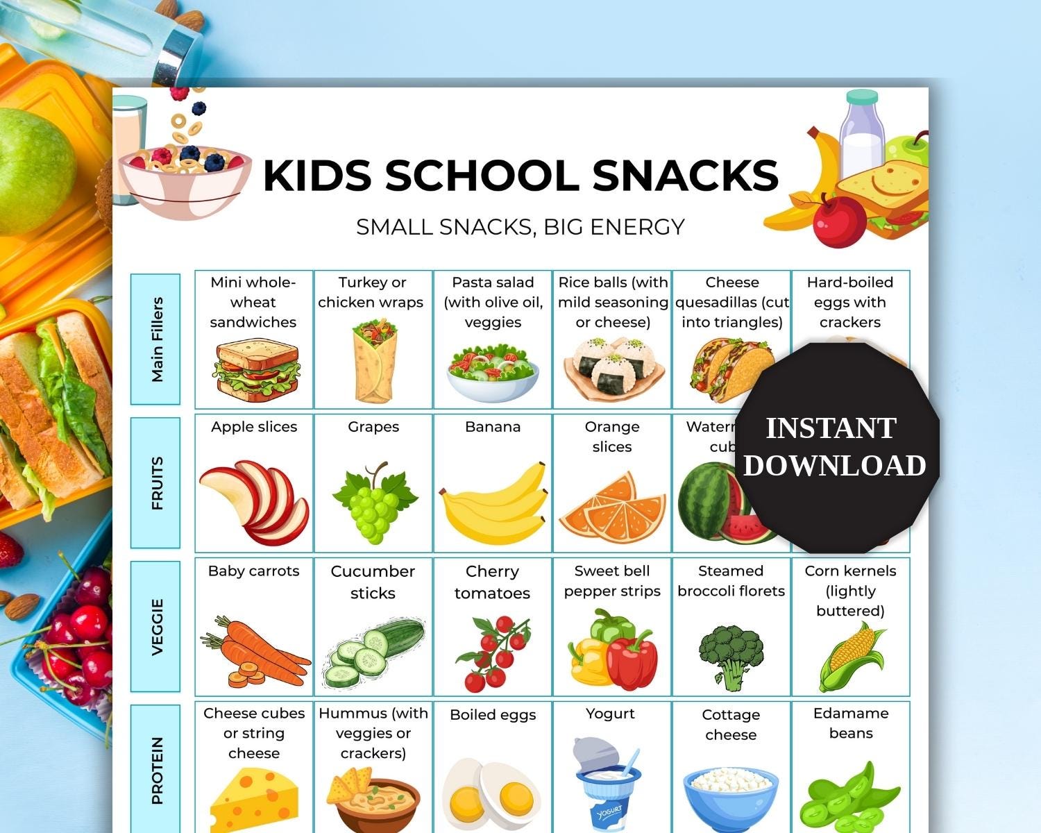Kids Snacks Chart for School Lunch, Lunchbox Ideas for Kids, Healthy ...
