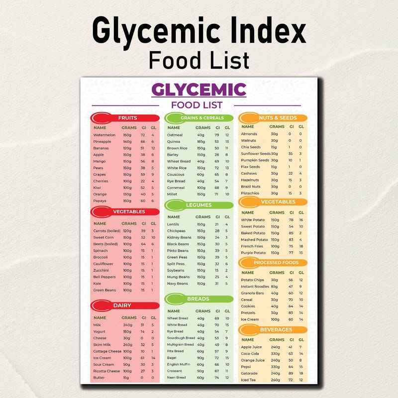 Glycemic Index Food Chart - Etsy