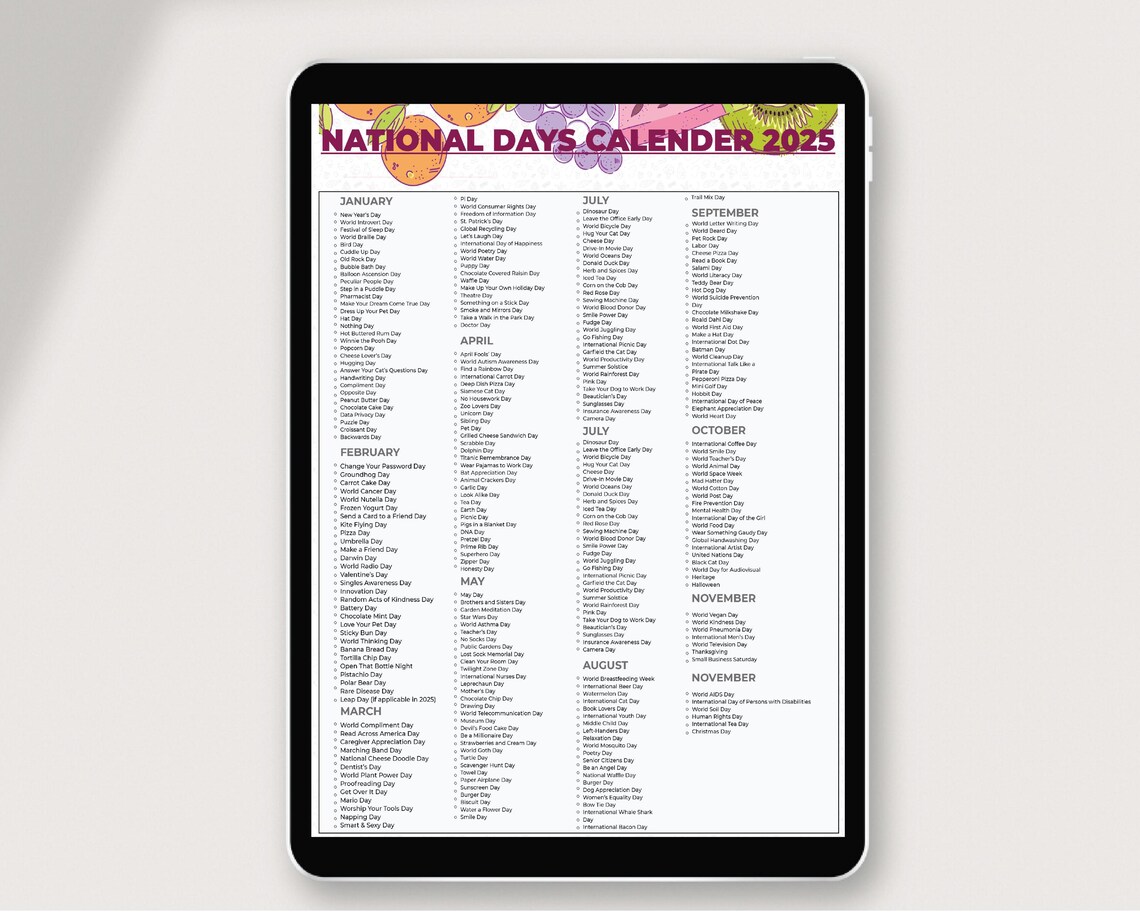 National Days Calendar Printable, Silly Holidays, National Food Days ...