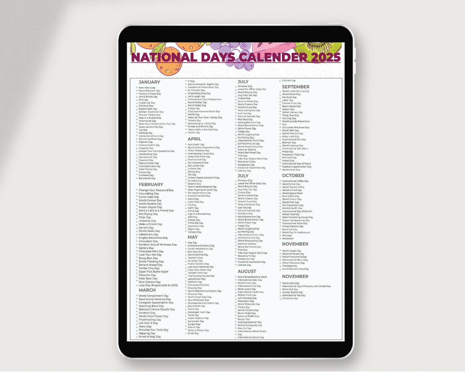 National Days Calendar Printable, Silly Holidays, National Food Days ...