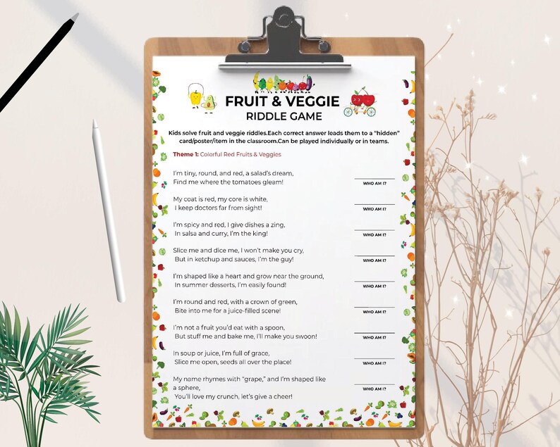 Fruit Veggie Scavenger Hunt, Brain Teasers Themed Games, Children ...