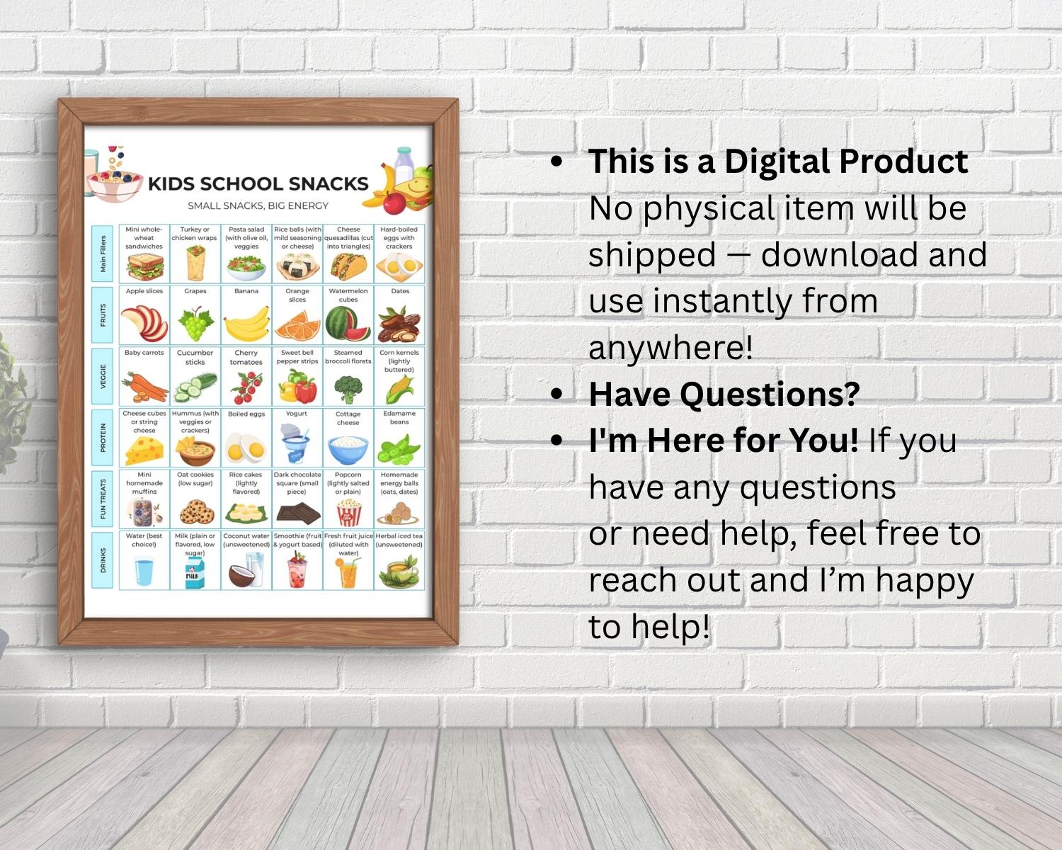 Kids Snacks Chart for School Lunch, Lunchbox Ideas for Kids, Healthy ...