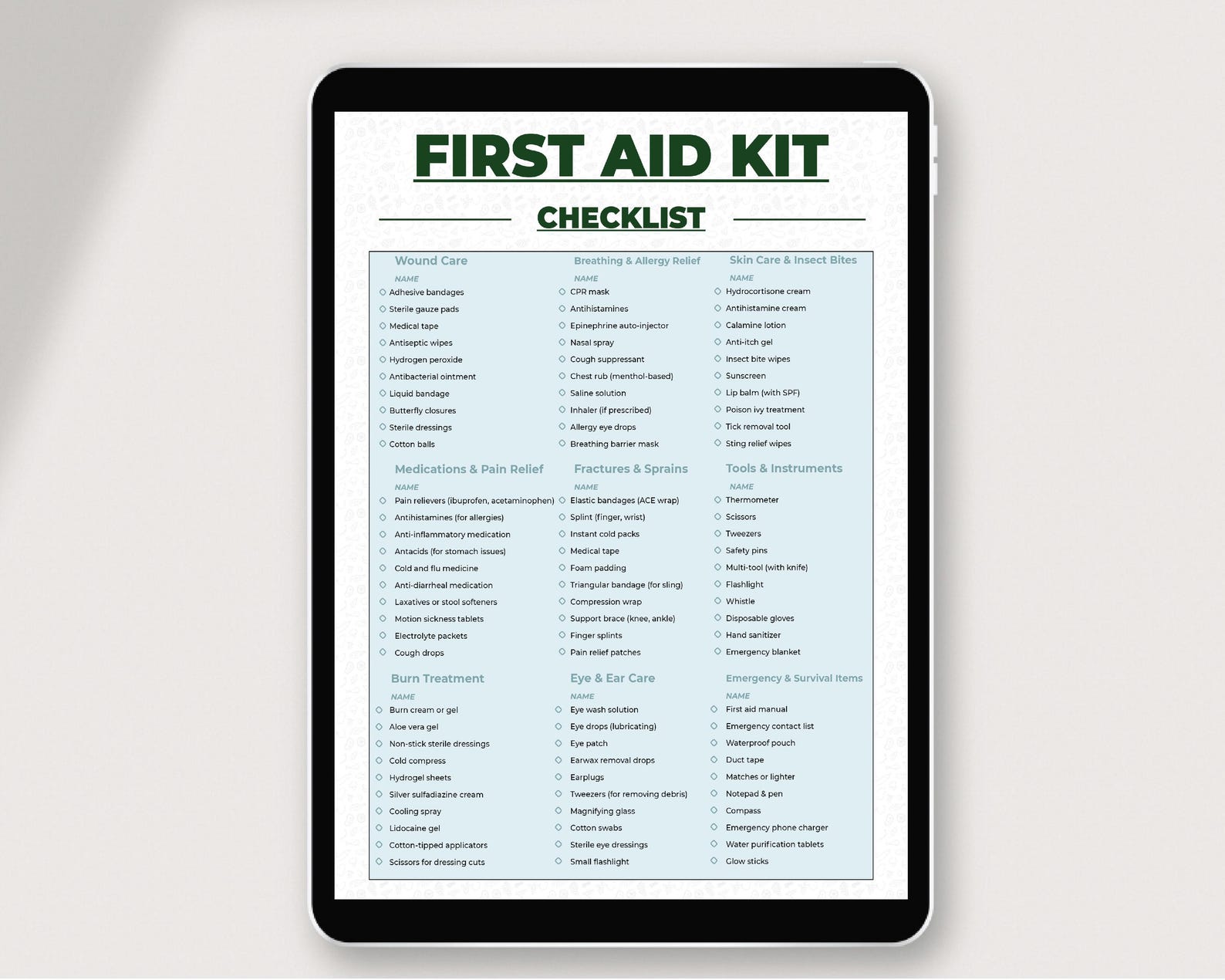 First Aid Checklist Medical Checklist First Aid Kit Printable Survival ...