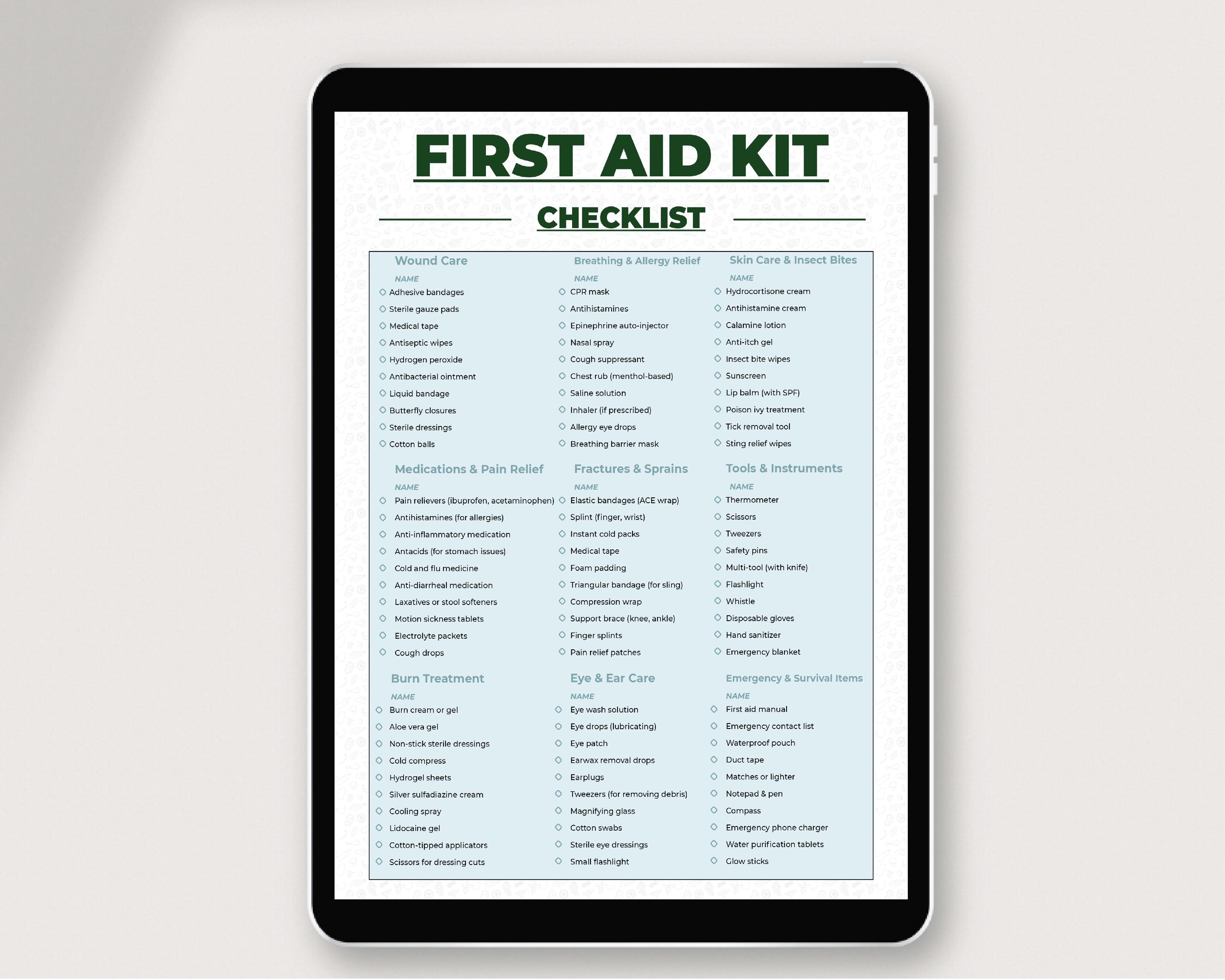 First Aid Checklist Medical Checklist First Aid Kit Printable Survival ...