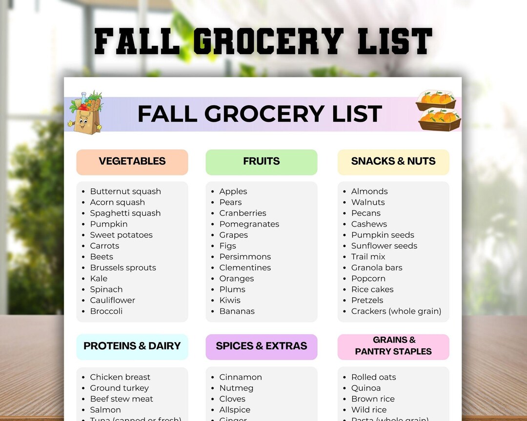 Fall Grocery List Printable PDF, Autumn Food List, Seasonal Grocery ...