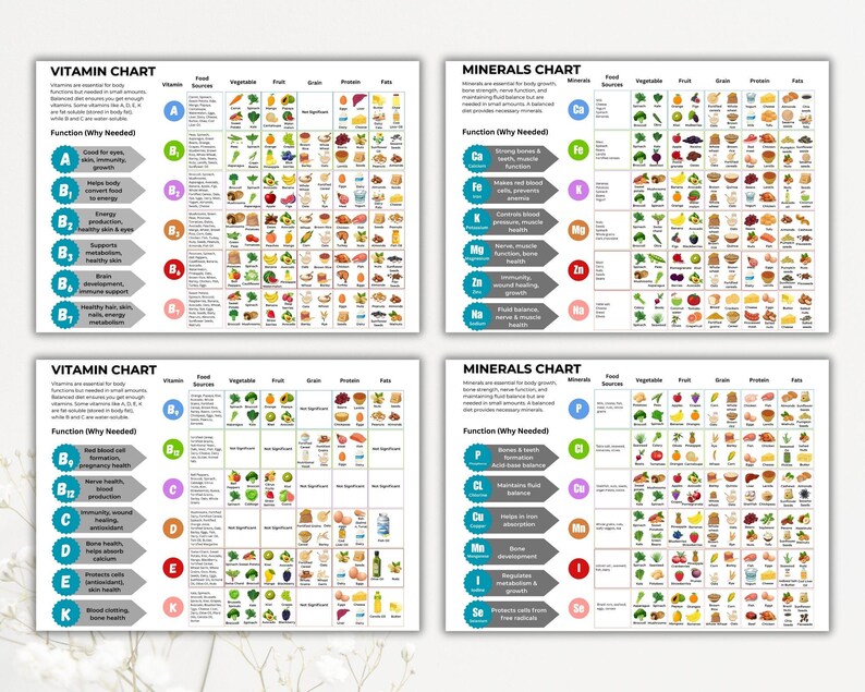Vitamins and Mineral Chart Sheet, Nutrition Facts Food List, Essential ...