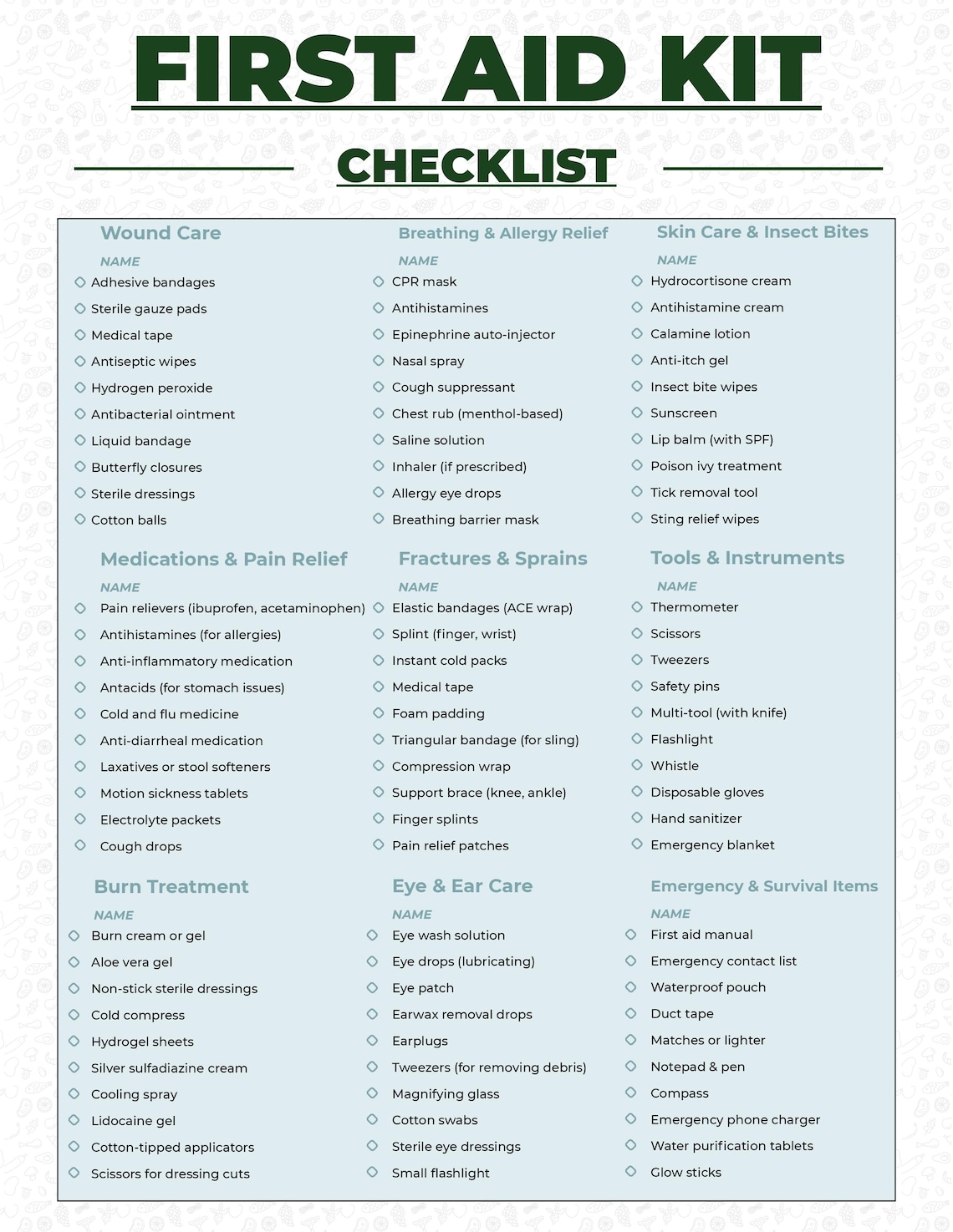 First Aid Checklist Medical Checklist First Aid Kit Printable Survival ...