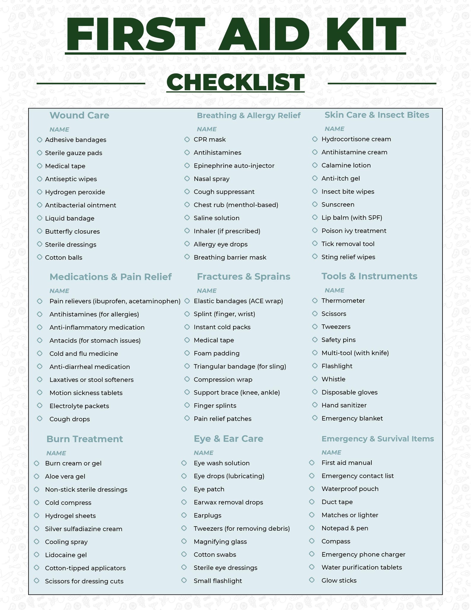 First Aid Checklist Medical Checklist First Aid Kit Printable Survival ...