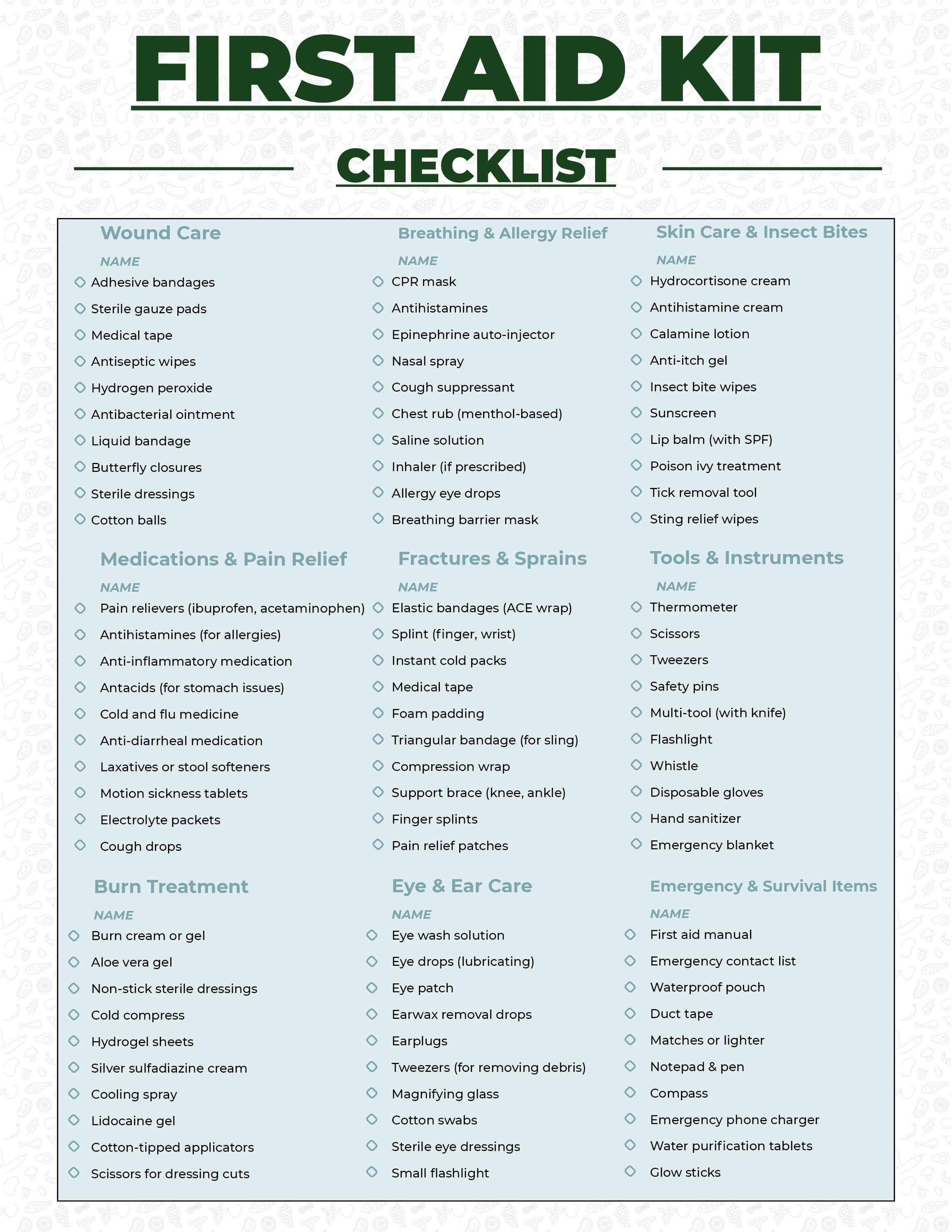 First Aid Checklist Medical Checklist First Aid Kit Printable Survival ...