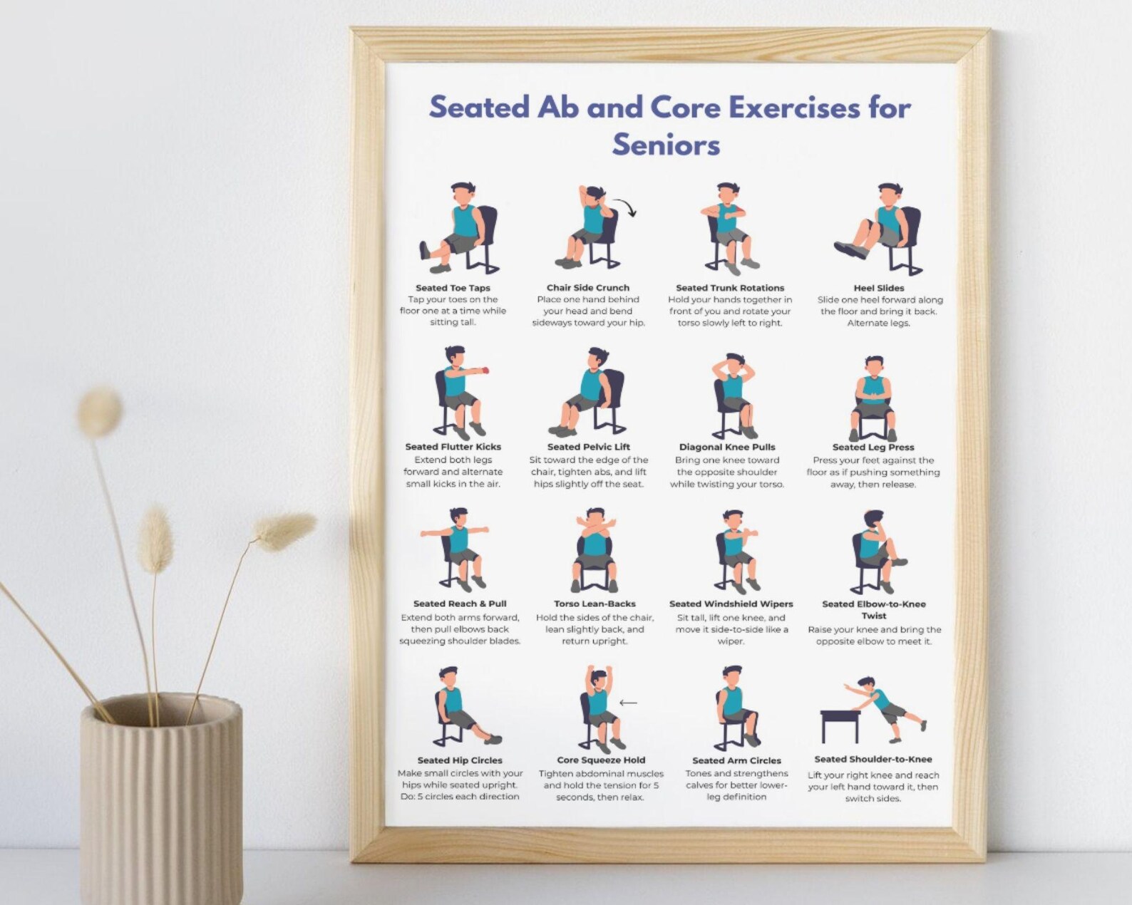 Seated Ab and Core Exercises for Seniors, Seated Workout Chart, Gentle ...