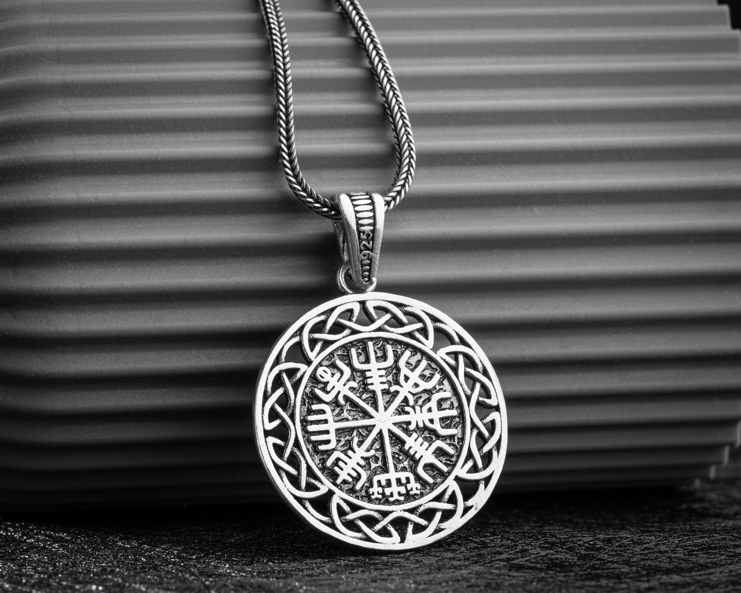 Viking Compass Necklace Silver Norse Runes Necklace for Mens Oxidized ...