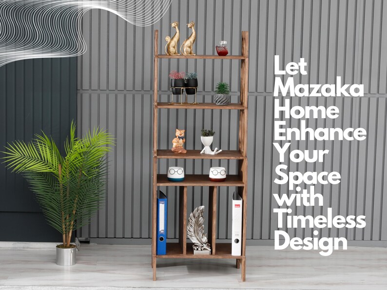Natural Wood Bookshelf With Cabinet, Mid Century Modern Ladder Bookcase ...