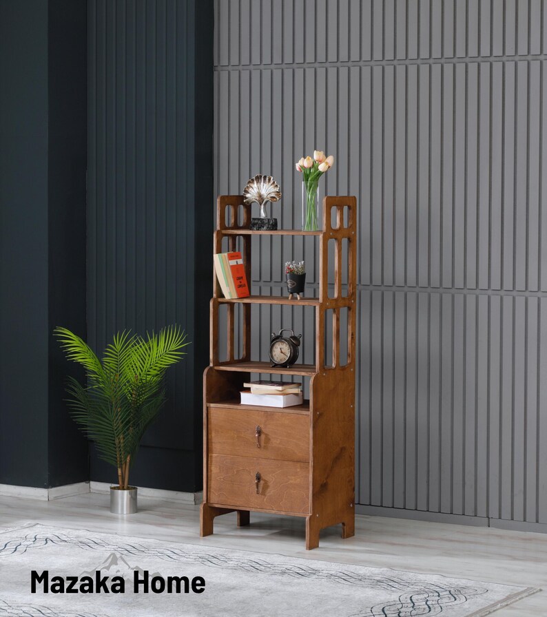 Natural Wood Bookshelf With Drawers, Mid-century Modern Ladder Bookcase ...