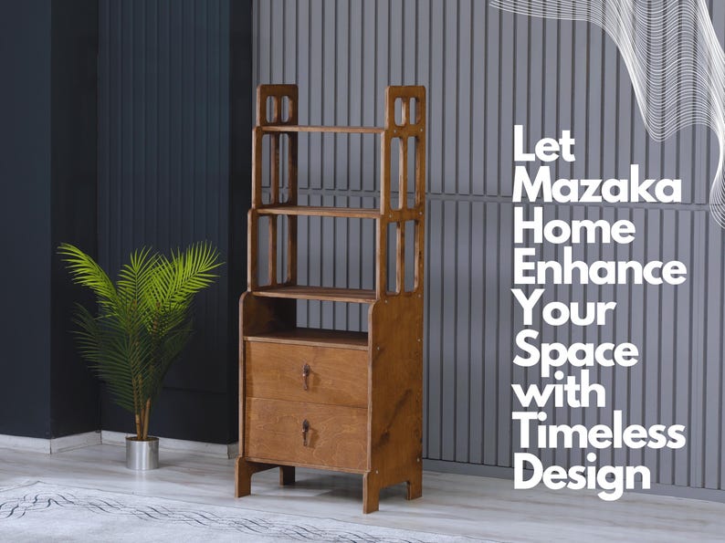 Natural Wood Bookshelf With Drawers, Mid-century Modern Ladder Bookcase ...