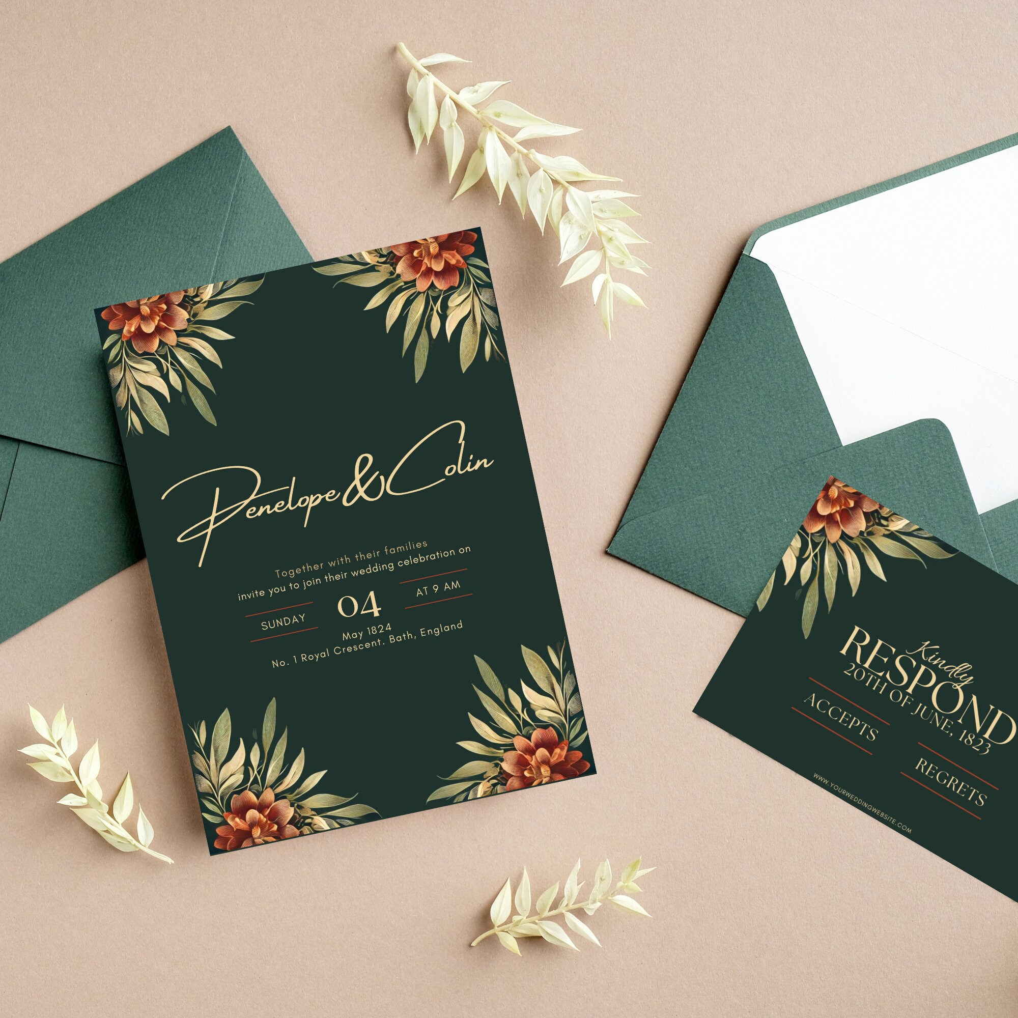 Emerald Green & Burnt Orange Wedding Card Design Template, Canva ...