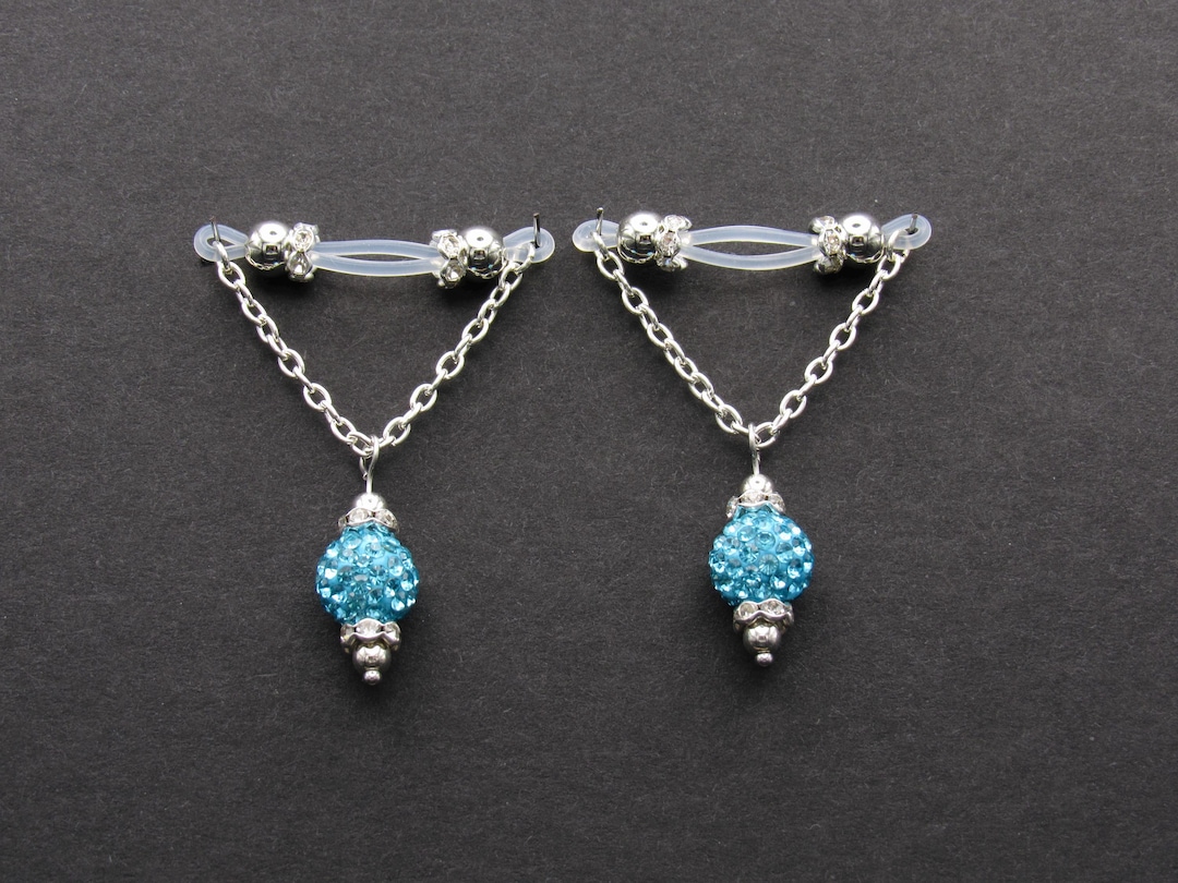 Pair of Fake Nipple Piercings - Blue Rhinestone Bead Charms - Everyday ...