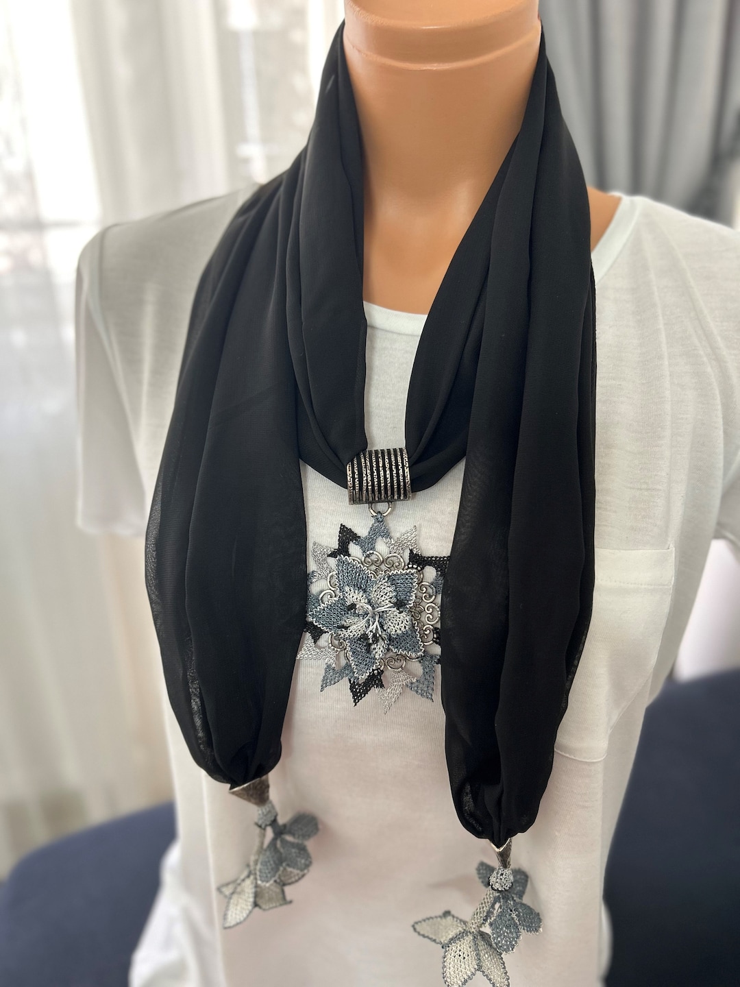 Summer Scarf, Black Needle Lace Neck Piece, Gift for Her, - Etsy