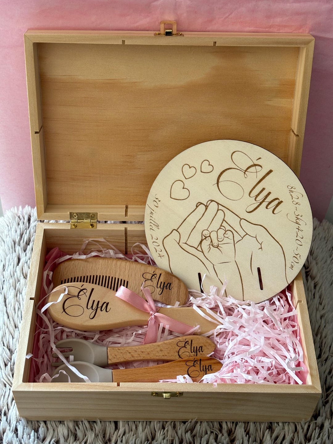 Personalized Wooden Birth Box Baby Gift With Comb, Brush and Spoon ...
