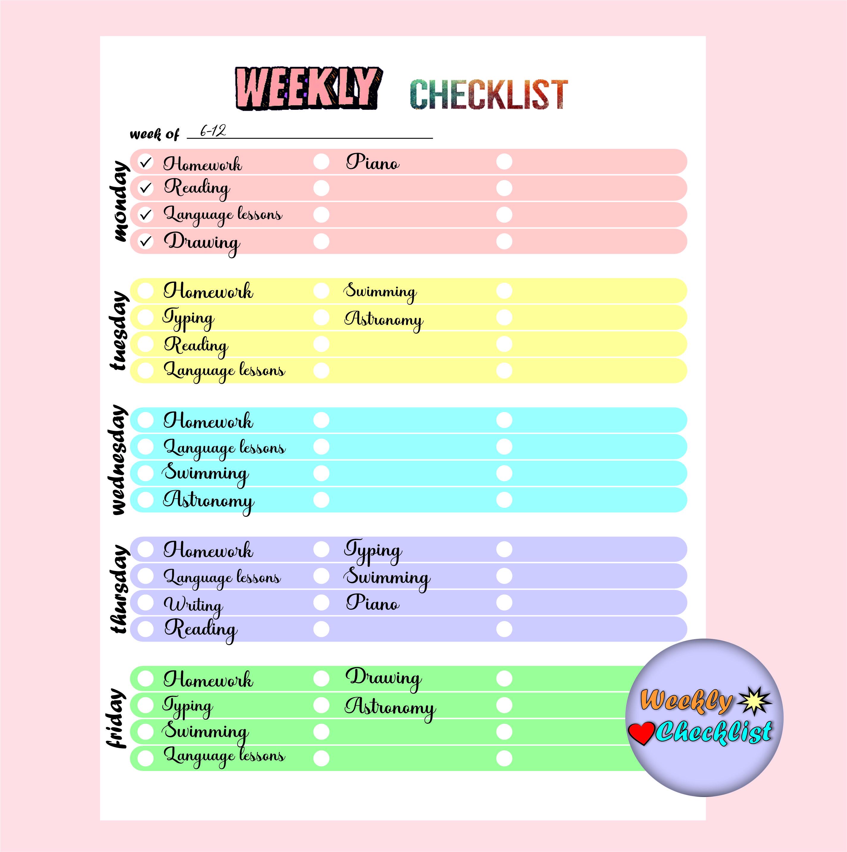 Editable Weekly Checklist/to Do List/ Task Table/ Daily ...