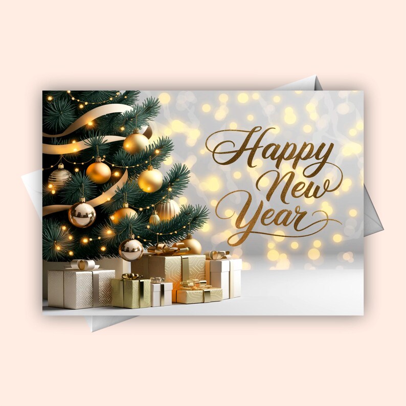 Digital Happy New Year Card - Tree With Gifts in Gold Wrapping, Festive ...