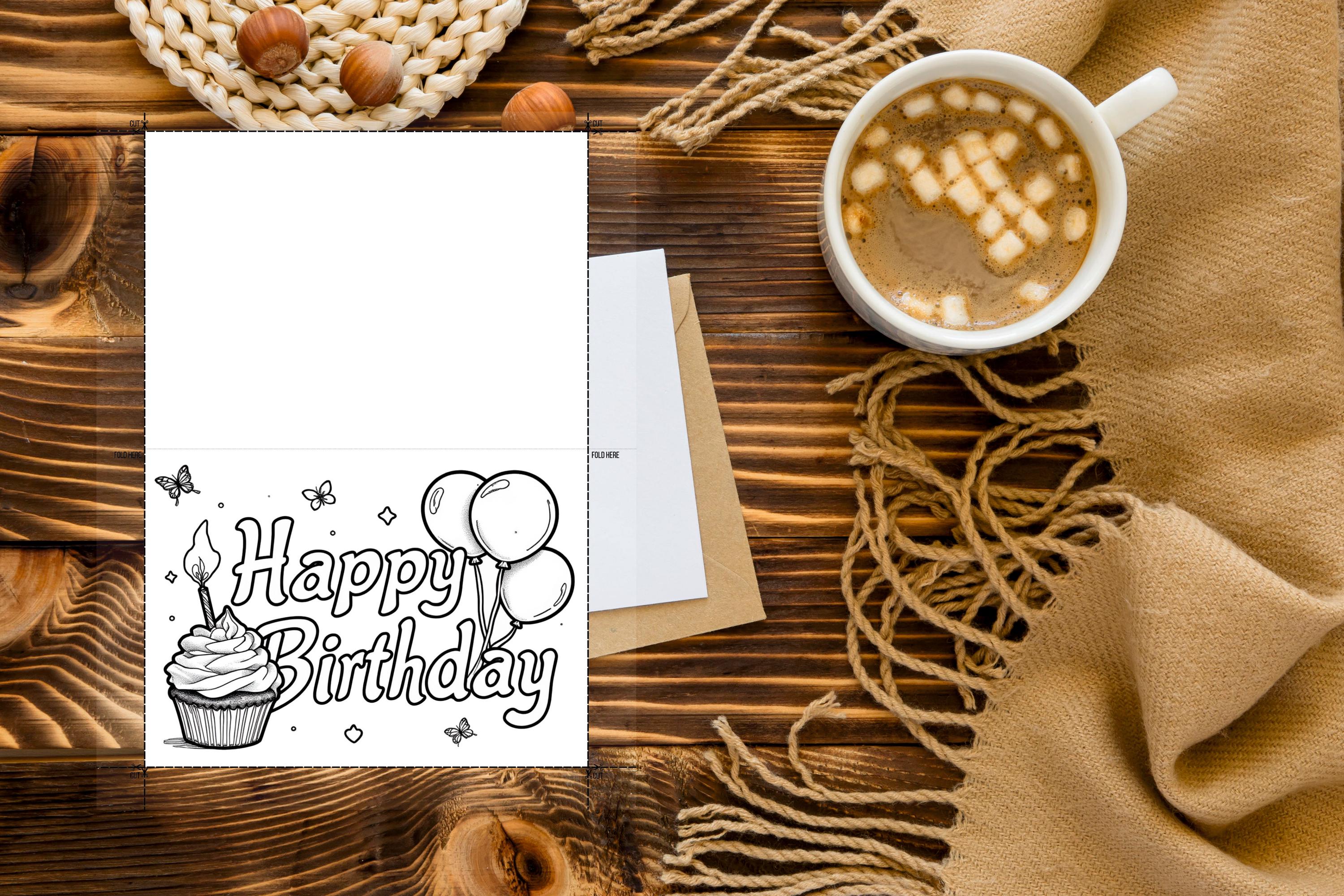 Happy Birthday Cupcake With Balloons Digital Card Coloring Page ...