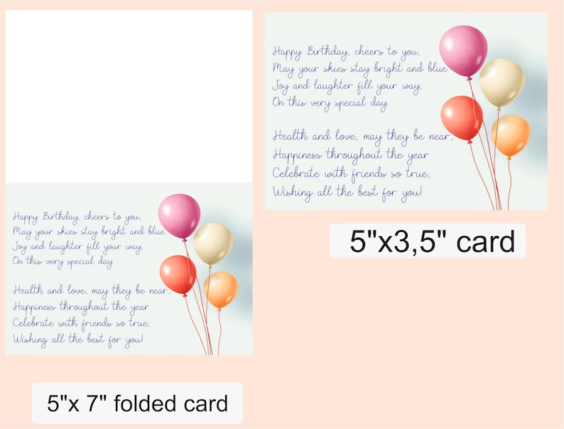Balloons Happy Birthday Card With Verses (PDF) - Etsy